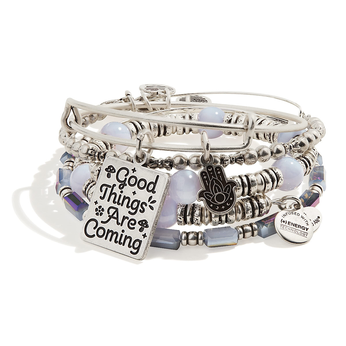 Alex and Ani Connections Expandable Bangle for Women, Good Things Are Coming Charm, Set Of 4, Rafaelian Silver Finish, 2 to 3.5 in