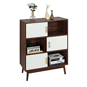 Anmytek Cube Bookcase with Doors and Display Shelves, Mid-Century Modern Bookshelf with Legs, Free Standing Walnut Storage Shelf Open Cabinet for Bedroom, Living Room, Office H0035