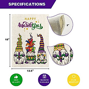 YOVOYOA Happy Mardi Gras Gnome Garden Flag 12.5x18 Inch Double Sided Masquerade Mask Bead Fleur de Lis New Orleans Holiday Party Yard Outdoor Decoration