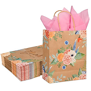 DjinnGlory 25 Pack 10x8x4 Inch Medium Sized Brown Kraft Floral Paper Gift Bags with and 25-Sheet Pink Tissue Paper for Birthday Wedding Baby Shower Party Treats, Goodies, Christmas Gifts (Thank You Design)