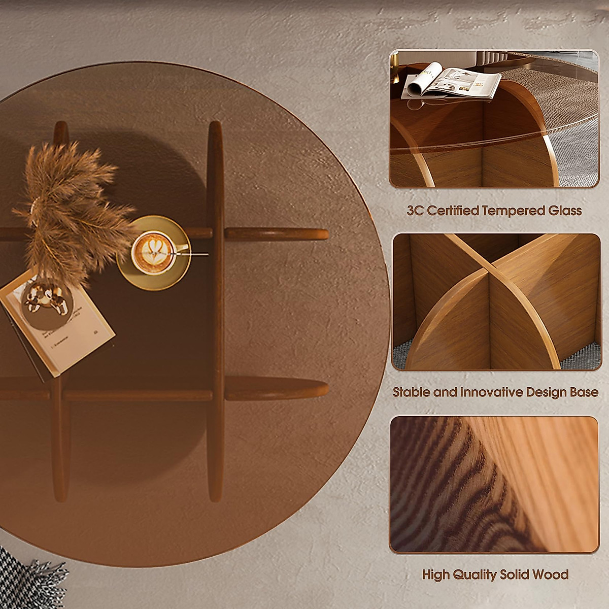 Modern Round Coffee Table with Solid Wood Legs, 31.5'' Glass Coffee Tables for Living Room Rustic Circle Center Cocktail Table with Tempered Glass-Top, Unique Accent Table for Small Spaces