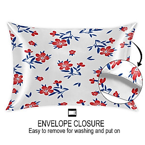 Red Floral Flower Satin Pillow Cases Silk Satin Pillowcase for Hair and Skin Standard Set of 2 Super Soft Silk Pillowcase with Envelope Closure (20x26 in)