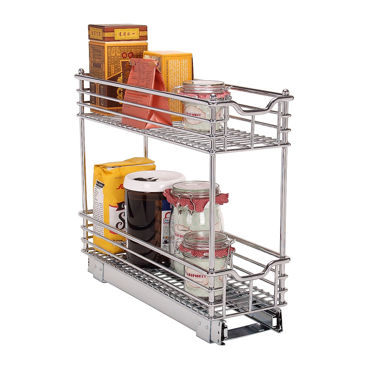 Household Essentials Narrow Sliding Cabinet Organizers (7" and 5"), Two Tier Chrome Organizers, Great for Slim Kitchen and Bathroom Cabinets