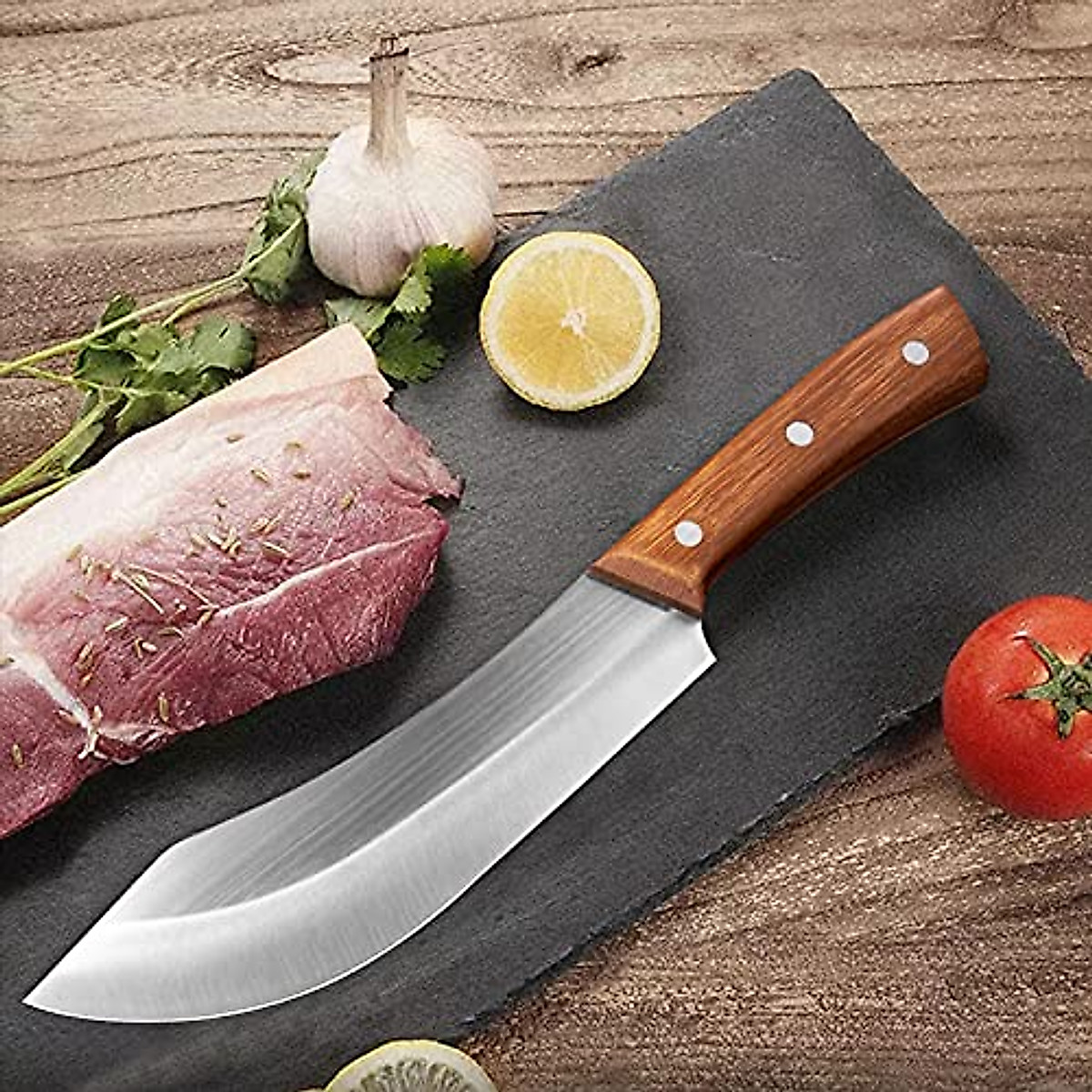 Meat Cleaver Knife, 7-inch Kitchen Knife Serbian Chef Knife Stainless Steel Full Tang Pakkawood Handle Meat Cleaver with case for Cooking