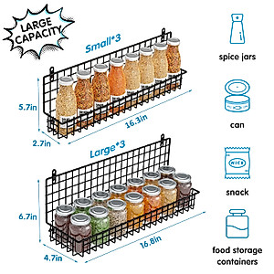 JKsmart 6-Tier Spice Rack Organizer with Door Hook, Wall Mounted & Over the Door Spice Racks for Kitchen Pantry Door Cabinet, Two Size, Large Capacity, Black
