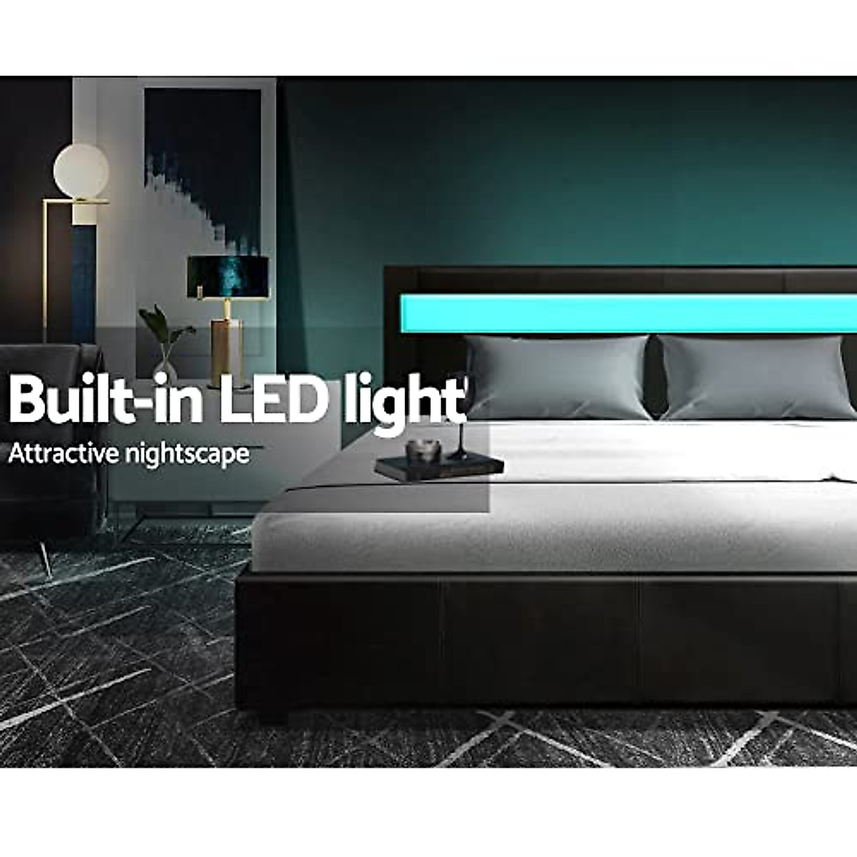 Artiss Queen Leather Upholstery Bed Frame with Gas Lift Storage and LED Headboard, Black