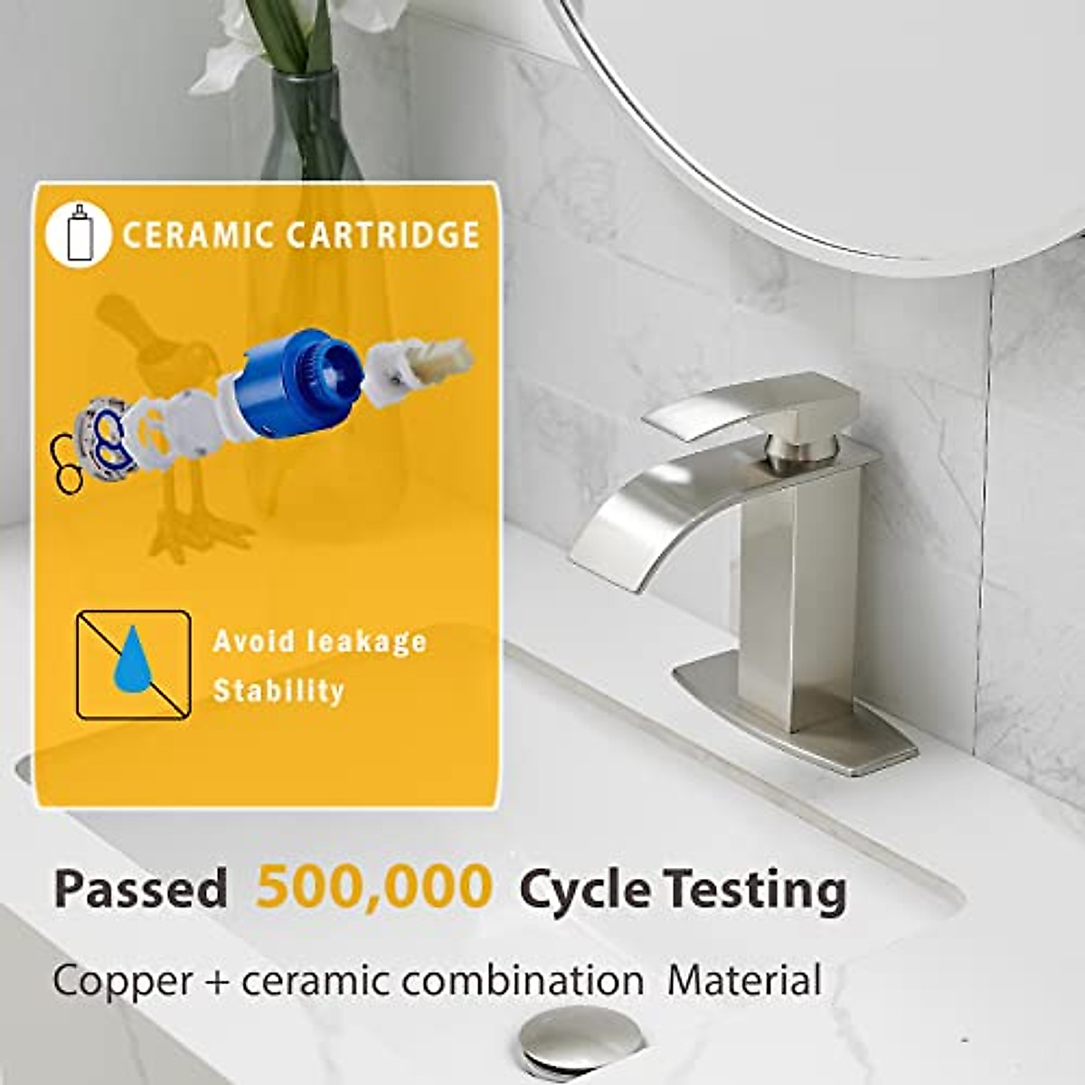 BESy Brushed Nickel Waterfall Spout Bathroom Faucet, Single Handle Bathroom Sink Faucet with Pop-up Drain, Rv Vanity Faucet with Deck Plate & Supply Hoses, Burshed Nickel, 1 or 3 Hole