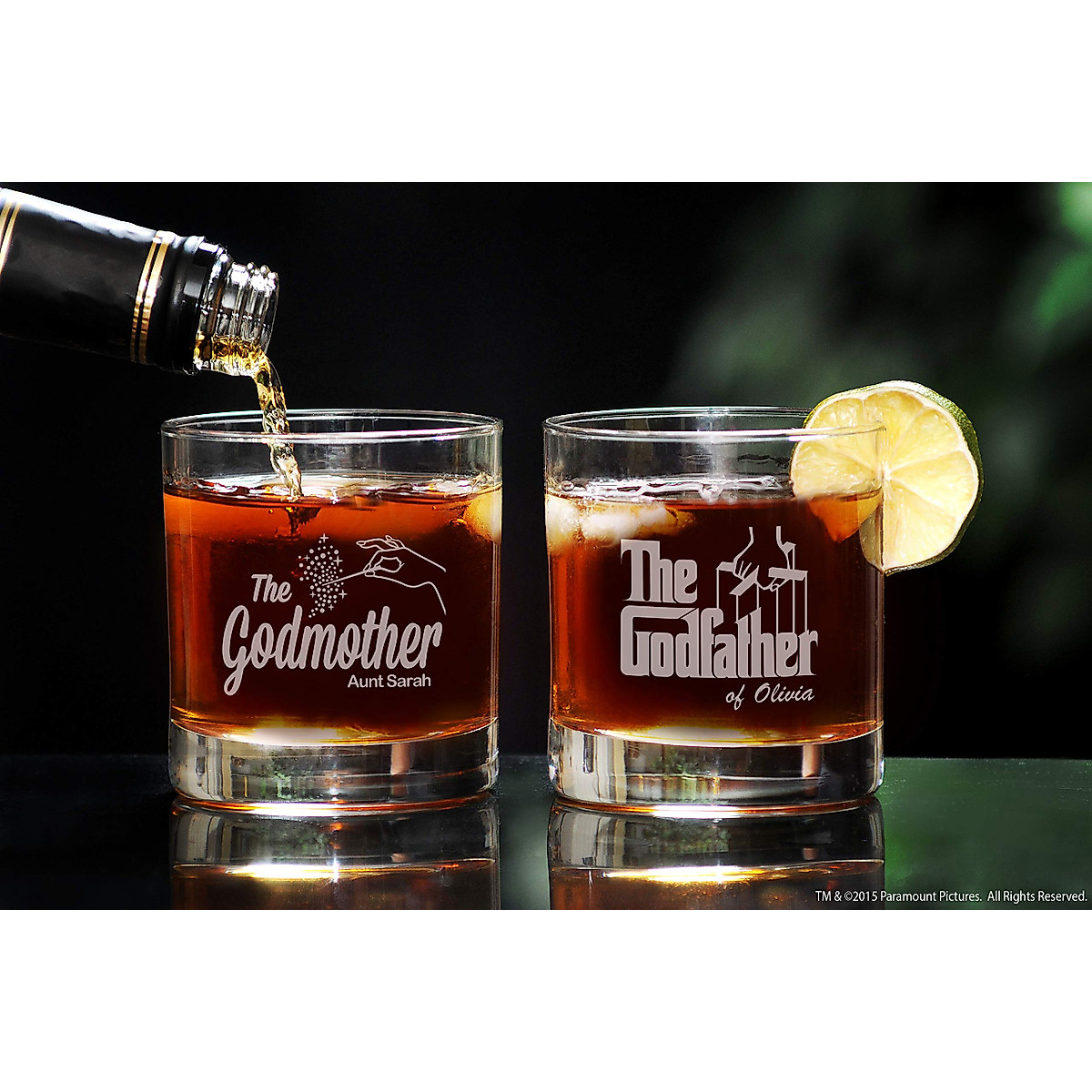 The Godfather & The Godmother Etched Whiskey Glass Set with Your Personalized Text - Officially Licensed, Premium Quality, Handcrafted Glassware, 11 oz Rocks Glass - Collectible Gift for GodParents