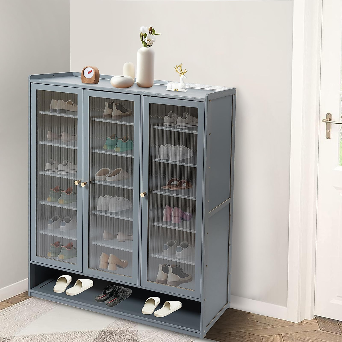 HaoYunNe 8 Tier Shoe Cabinet Entryway Shoe Rack Shelf with Doors Wooden Freestanding Shoe Organizer for Hallway Patio Living Room Bedroom Office,35.8x12.6x42.1 in, Loading 33 lbs per Layer