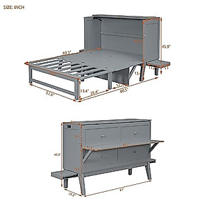 NCKMYB Murphy Bed Cabinet Queen Size Wooden Murphy Bed Chest with USB Port and Desk, Murphy Cabinet Bed for Guest Room or Small Space, Grey