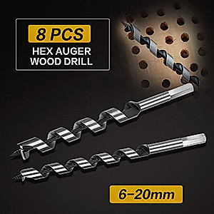 Zerone Auger Drill Bit, 8pc Carbon Steel Hex Shank Brad Point Drill SDS Auger Spiral Wood Drilling Tool with Wooden Case, Diameter 6mm 8mm 10mm 12mm 14mm 16mm 18mm 20mm