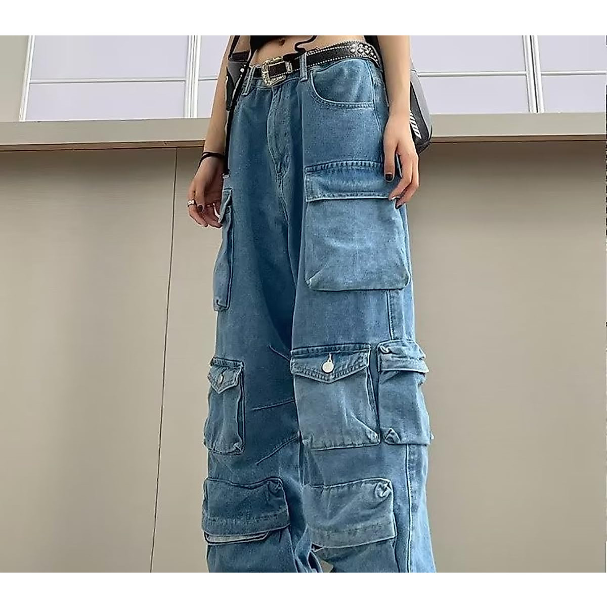 Vakkest Womens Jeans Cargo Pants Casual Wide Leg Flap Pocket Baggy Combat Military High Waist Denim Trouser Clubwear Y2K