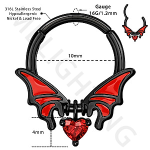 Melighting Septum Rings 16G Bat Septum Jewelry Halloween Clear CZ Surgical Steel 316L Black Dangle Daith Earrings Helix Earring Cartilage Tragus Piercing for Women Men