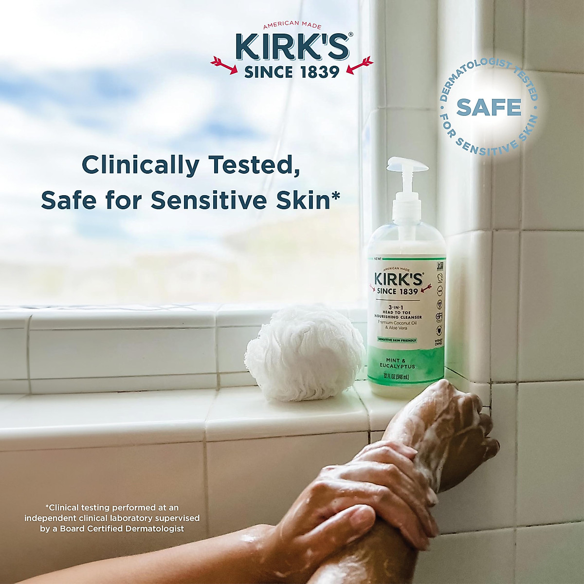 Kirk's 3-in-1 Head to Toe Nourishing Liquid Cleanser & Travel Size Bar Soap - for Men, Women & Children - Premium Coconut Oil & Aloe Vera- Non GMO & Vegan -Mint & Eucalyptus - 32 Fl Oz