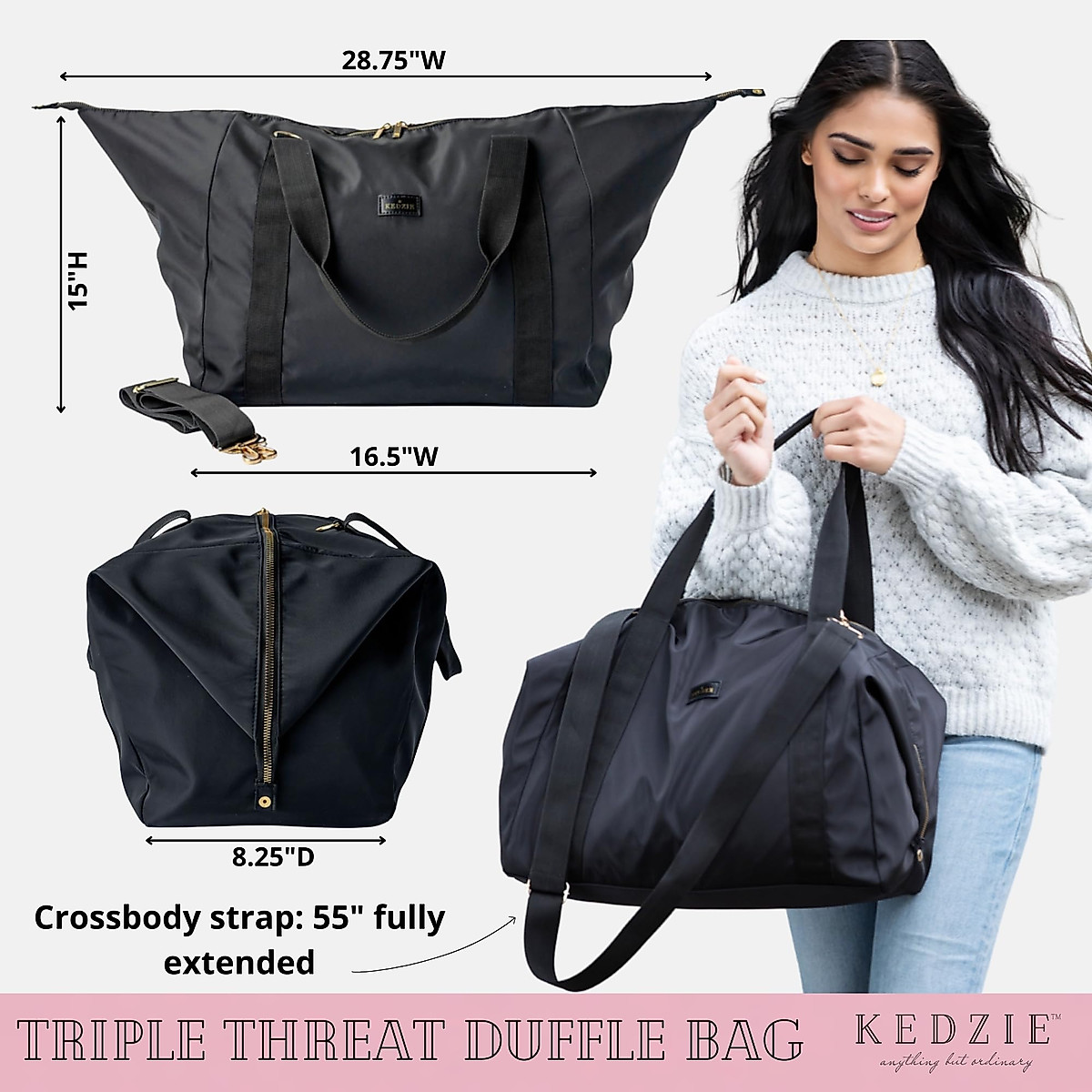 KEDZIE Triple Threat Foldable Duffle Shoulder Bag for Women with Adjustable Removable Shoulder Strap - Black