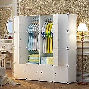 KOUSI Portable Wardrobe Closets 14"x18" Depth Cube Storage, Bedroom Armoire, Storage Organizer with Doors, 16 Cube, White