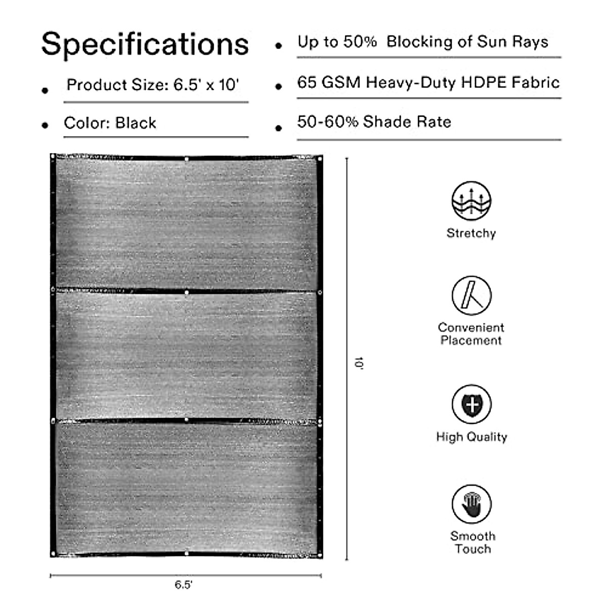 VIVOSUN Sunblock Shade Cloth, 50%-60% Shade Net, 6.5' x 10' Black Garden Shade Mesh with Grommets for Plant Covers, Swimming Pools, Patios, and Yards