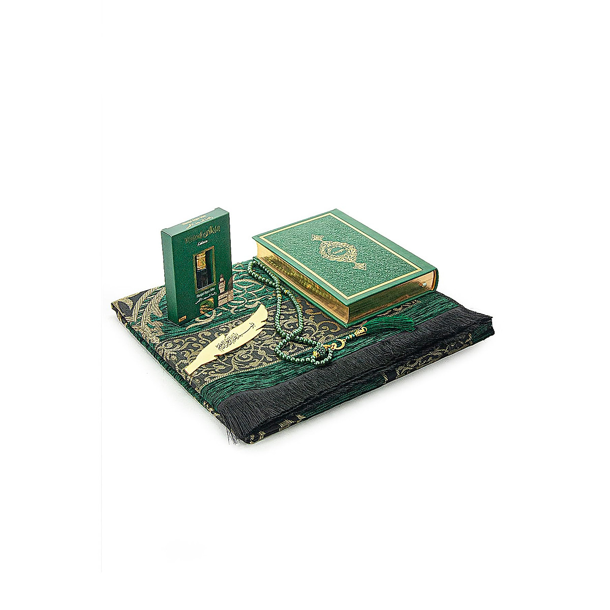 ihvan online Prayer Gift Set for Men & Women, Muslim Prayer Rug, Salah Mat, Beads Taasbih, Arabic Holy Quran, Islamic Gift Set for Ramadan & Eid, Green