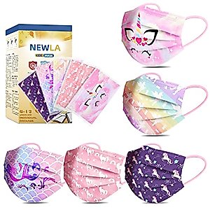 Kids Disposable Face Masks, 50 Pack Kids Mask for Girls 4-12, Individually Wrapped Colorful Unicorn Pattern 3 Ply Kids Face Masks