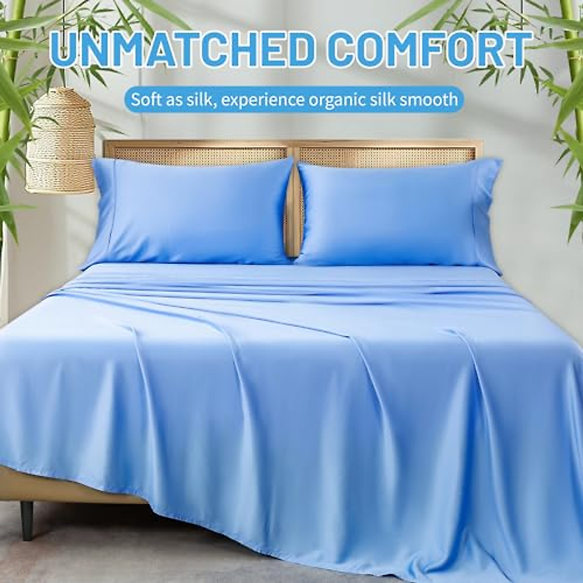 MEISHANG Bamboo Viscose Sheets Queen Size - 100% Organic Viscose,400TC Cooling Luxury Sheet Set with 16" Deep Pockets - 4 Pieces(Blue)