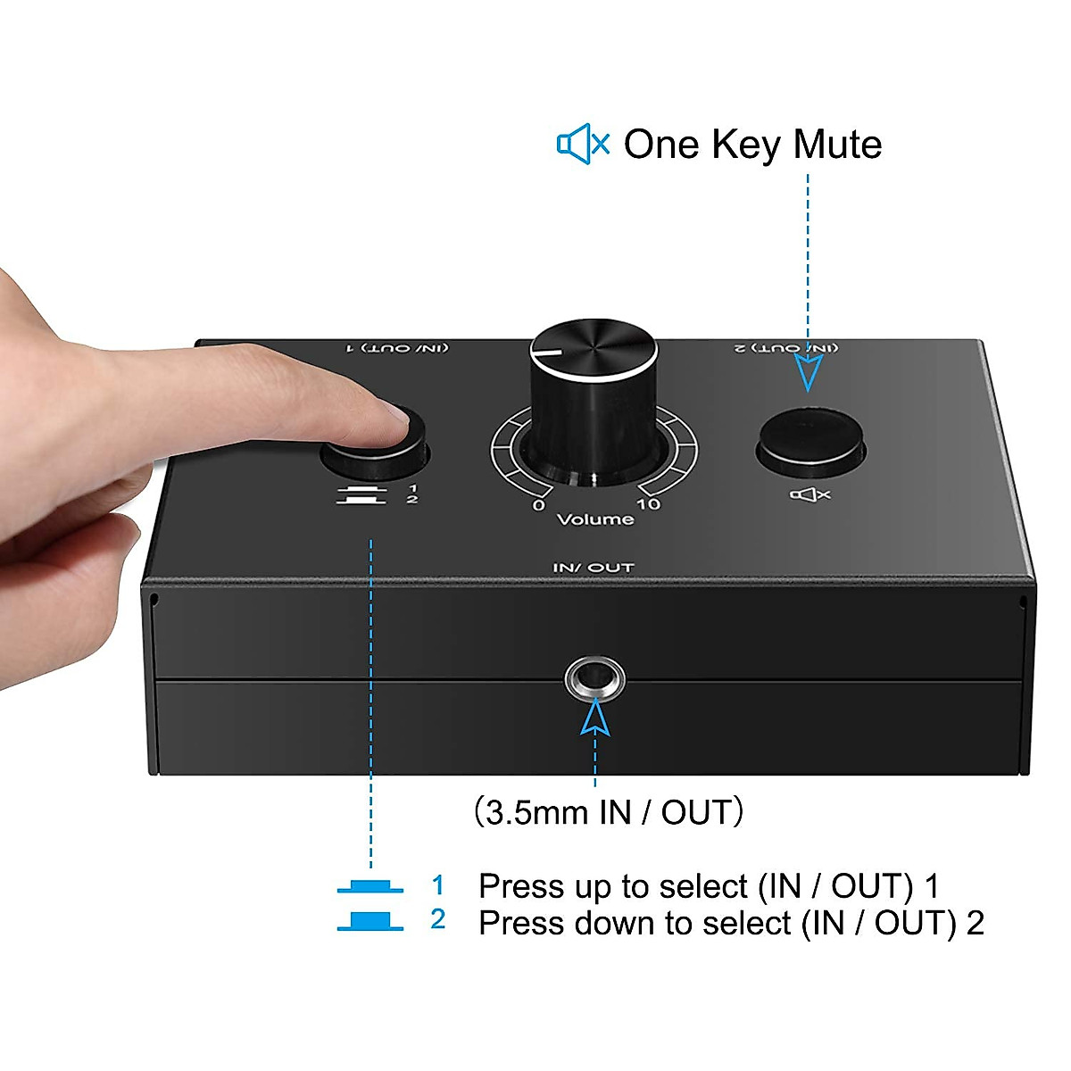 3.5mm L/R Stereo Audio Switch 2-Way Switcher Manual Selector Audio Spliter Box 1 in 2 Out/2 in ONE Out Audio Sharing (Black)