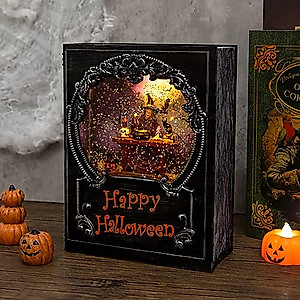 Halloween Decorations Snow Globe, Witch Swirling Glitter Book with Warm White LED, 3 AA Battery Operated & USB Powered, Halloween Holiday Party Gifts and Decorations