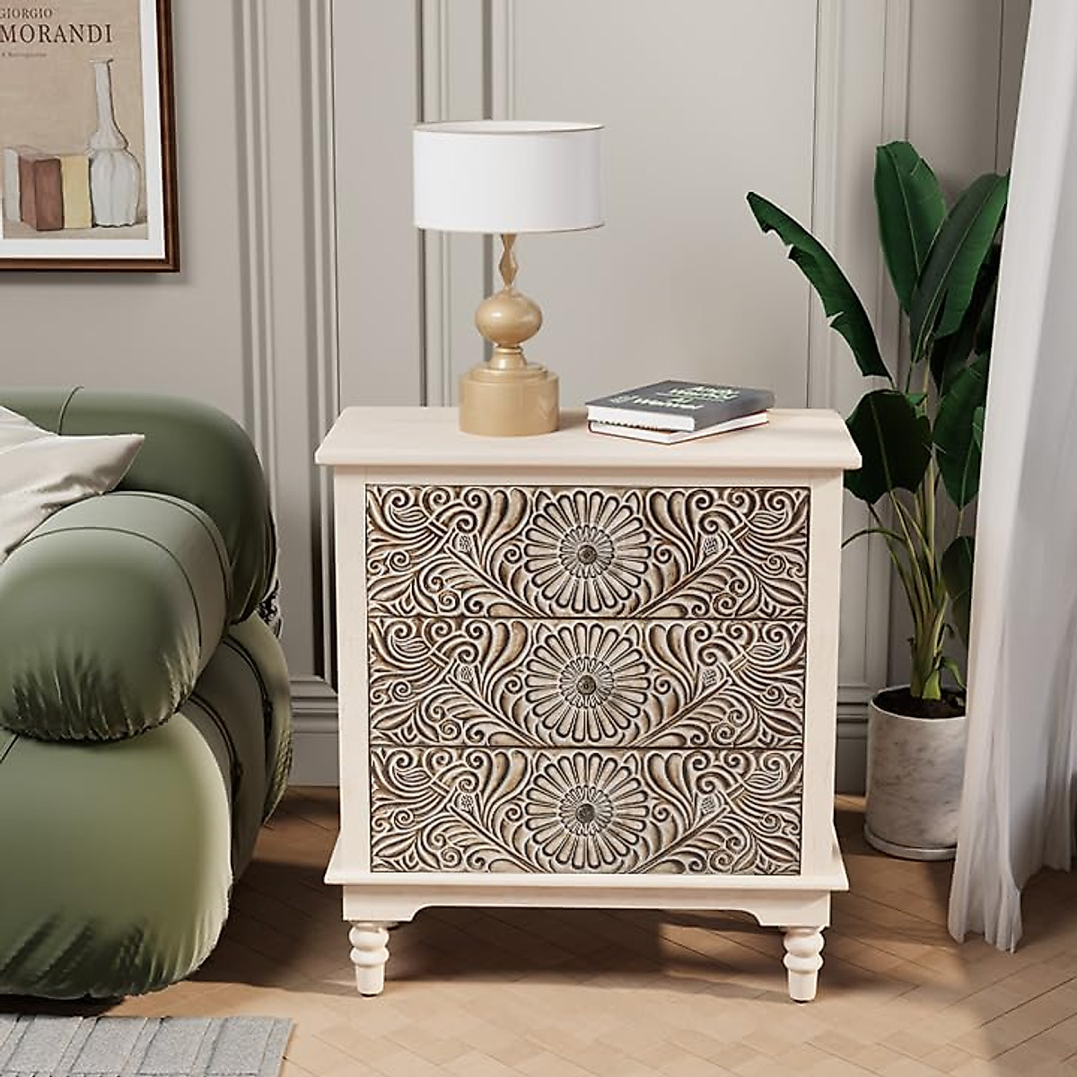 COSIEST 3 Drawers Accent Dresser, Vintage Small Accent Chest with 4 Wood Legs, Free-Standing Buffet Server Nightstand End Table for Bedroom, Living Room, Entryway