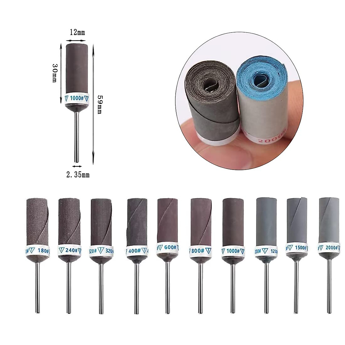 𝐋𝐮𝐨 𝐤𝐞 10 Pcs Mixed Grit Sandpaper Rolls Set,3/32 Inch Shank Abrasive Sanding Sleeve for Rotary Tool