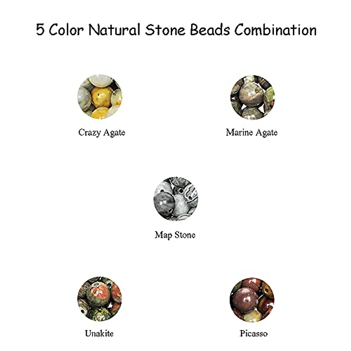 200pcs 8mm Stone Beads Kit Round Loose Gemstone Crazy Agate Marine Agate Map Stone Unakite Picasso for Bracelet Necklace Earrings Jewelry Making