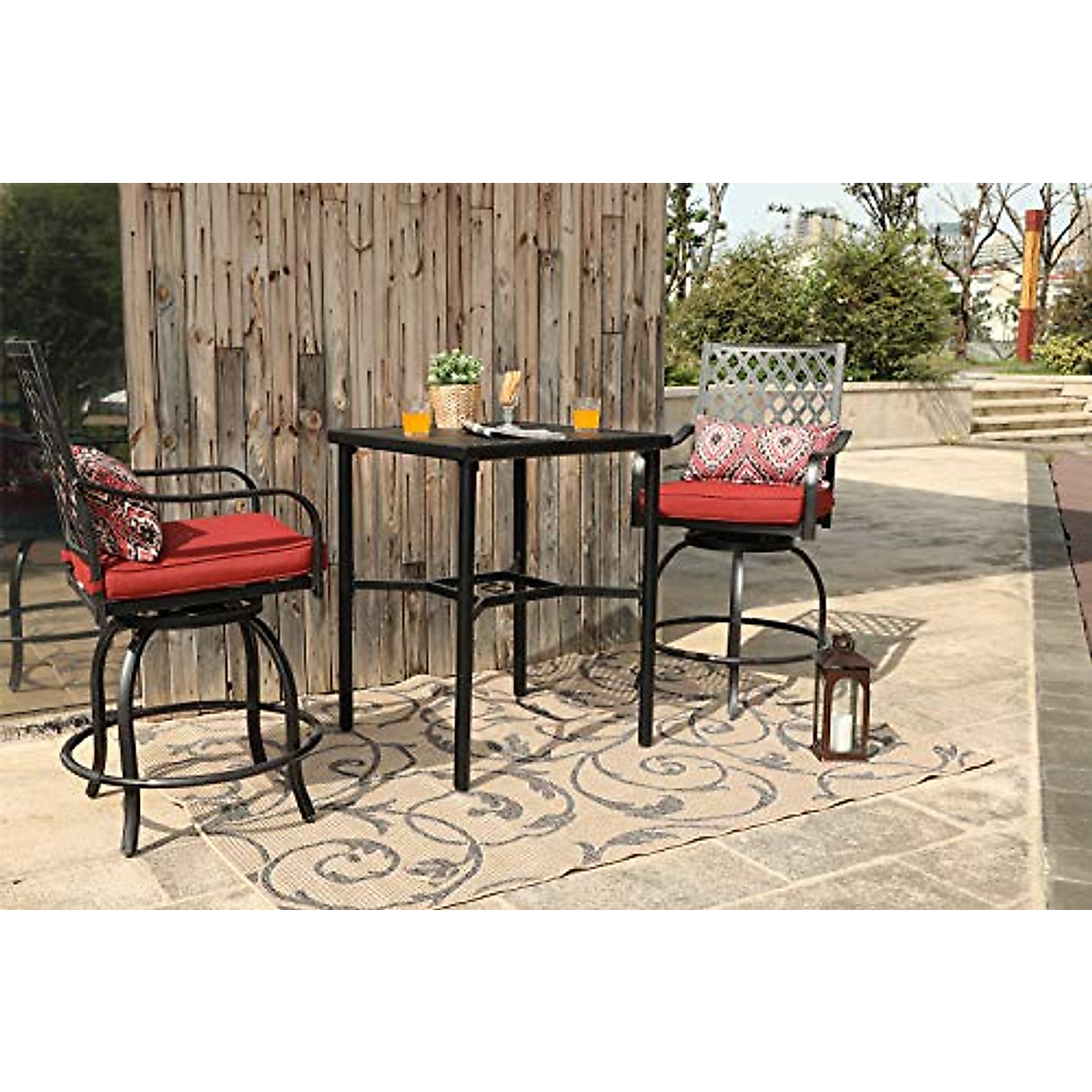 PHI VILLA Patio Outdoor Swivel Bar Stools Set of 4, Patio Bar Height Bistro Dining Chairs All Weather Metal Garden Furniture Sets with Cushion and Armrest, Red