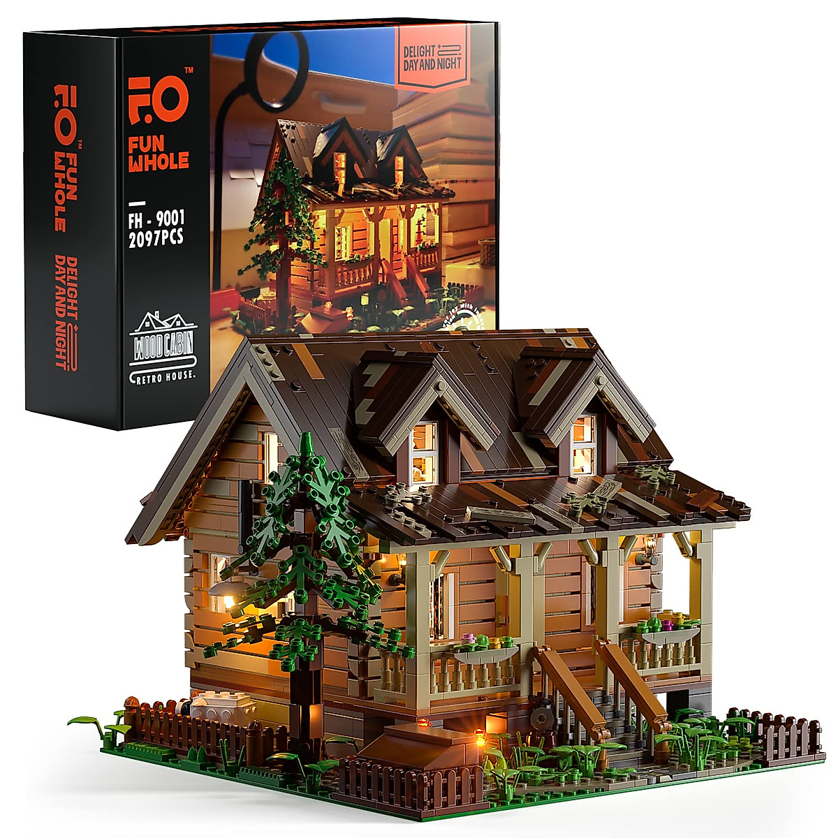 FUNWHOLE Lighting Building Bricks Set - Wood Cabin and Ocean Adventure Ship Construction Model Set for Adults and Teen