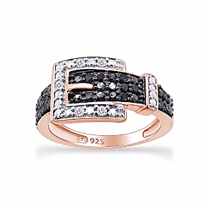 1/4 Carat Black & White Natural Diamond Anniversary Belt Buckle Ring In 14k Rose Gold Over Sterling Silver (0.25 Cttw) Ring Size-7.5