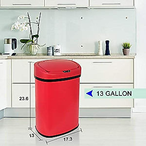 Automatic Sensor 13 Gallon Trash Can, Touch Free Trash Can, No Touch Garbage Can Kitchen Waste Bin, High-Capacity Bathroom Trash Can with Lid for Home Bedroom Office, Power by Battery, Red