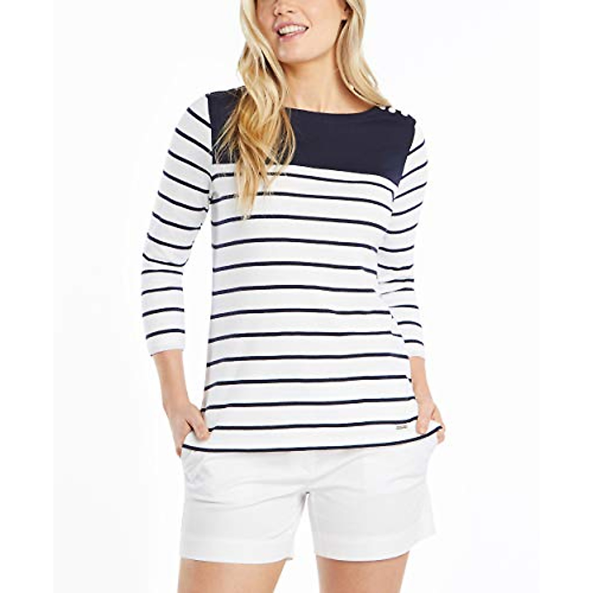 Nautica Women's Boatneck 3/4 Sleeve 100% Cotton Shirt, Indigo, Large