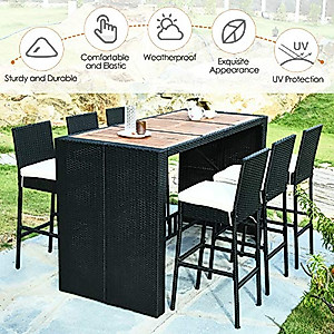 Tangkula 7 PCS Outdoor Dining Set, Patio Wicker Furniture Set with Acacia Wood Bar Table Top and Removable Cushion, Conversation Set for Patios, Backyards, Porches, Gardens and Poolside (Black)