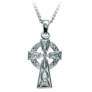 Biddy Murphy Celtic Cross Necklace for Women, 925 Sterling Silver, Small Traditional Irish Crucifix Pendant 1/2" Wide x 3/4" Tall with Rolo Chain, Made in Ireland