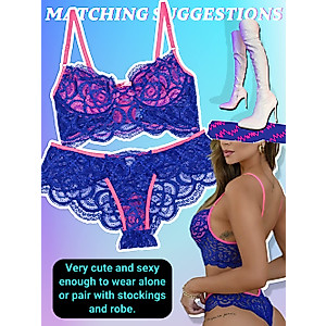 Kaei&Shi Sexy Bra And Panty Sets,Underwire Floral Lace Lingerie For Women, Sheer Scalloped Neon Matching Two Piece Lingerie Set Petite Boudoir Blue Small