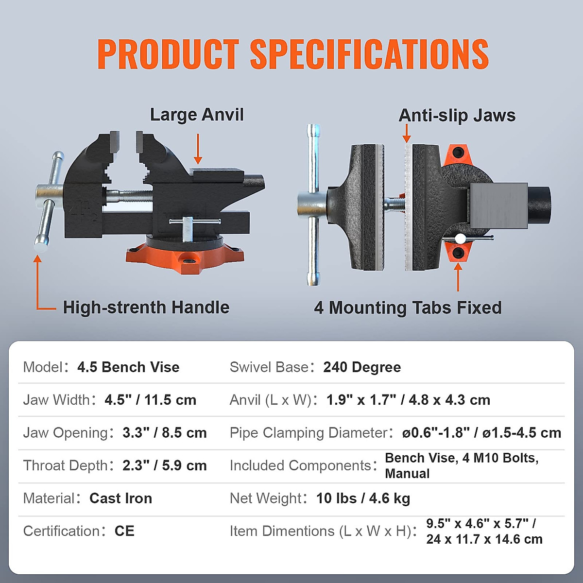 VEVOR Bench Vise, 4.5-inch Jaw Width 3.3-inch Jaw Opening, 240-Degree Swivel Locking Base Multipurpose Vise w/Anvil, Heavy Duty Cast Iron Workbench Vise w/Bolts & Nuts, for Drilling, Pipe Cutting