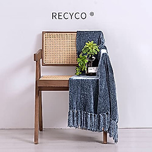 RECYCO Throw Blanket Soft Cozy Chenille Throw Blanket with Fringe Tassel for Couch Sofa Chair Bed Living Room Gift (Dusty Blue, 50'' x 60'')