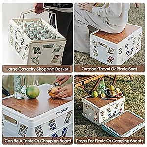 MILILOVE 35L Collapsible Storage Grocery Shopping Basket With Lid, Storage Crates, Plastic Stackable Basket, Tote Portable Basket with Handles, for Picnic Camping Picking Organizing Toys Car Trunk