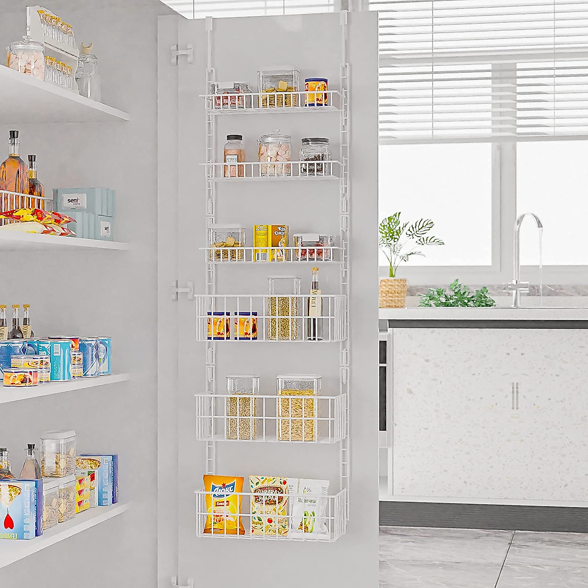 Qboid Sp Over The Door Pantry Organizer - With 6 Adjustable Shelves - Alloy Steel Metal - Hanging - Wall Mount - Storage Door Organization Kitchen Spice Rack,Cans,Closet,Bathroom-White