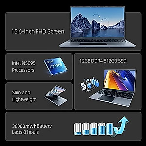 Chicbuy Laptop Computer 15.6''with 12GB DDR4 512GB SSD, Quad-Core Intel Celeron Processors, 1080P IPS FHD Display, USB 3.0, Bluetooth 4.2, 2.4/5G WiFi,Numeric Keypad (Gray)