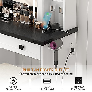 VOWNER Farmhouse Makeup Vanity Desk with Sliding Lighted Mirror & Power Outlet, Vanity Table Set with Hidden Shelves & 5 Drawers & Storage Stool for Bedroom