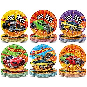 Justforjoyful 60Pcs Hot Car Birthday Party Supplies Colorful Racing Cars Plates Race Car Tableware Party Decorations for Kids Boys Baby Shower Hot Car Wild Racer Dinnerware Party Favors for 60 Guest