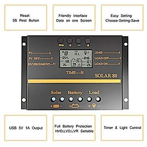 Y&H 80A Solar Charge Controller 12V 24V LCD Display USB Output Solar Panel Controller Multip Circuit Protection Solar Charger Discharge Regulator for Lighting System,with Dark Activated Function