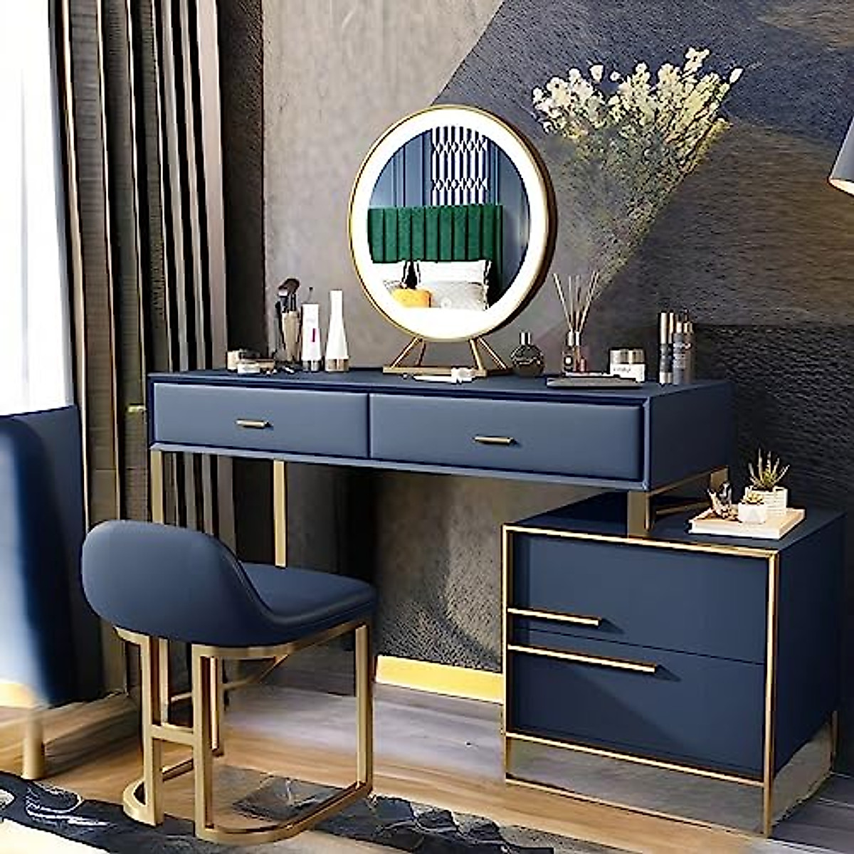YIMAKEY Vanity Desk Set Mirror: Blue 31 Inches Makeup Table with 3 Modes Lights Mirror and 4 Drawers 1 Stool - Luxurious Fashionable Vanity Desk for Bedroom for Her