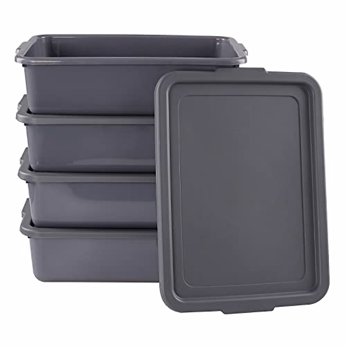 Jekiyo 13 L Plastic Bus Tray with Lid, 4 Pack Bus Tub Box, Grey