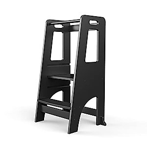 MOAMUN Wooden Step Stool for Kids, Adjustable Height Toddler Learning Helper Tower with Handle, Solid Wood Step Stool for Kitchen,Bathroom,Bedroom (Black)