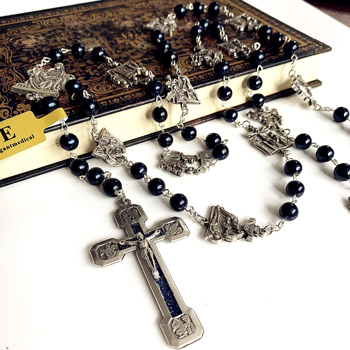 elegantmedical Stations of the Cross Prayer Rosary Real Black Pearl Beads Necklace Catholic Gifts Box