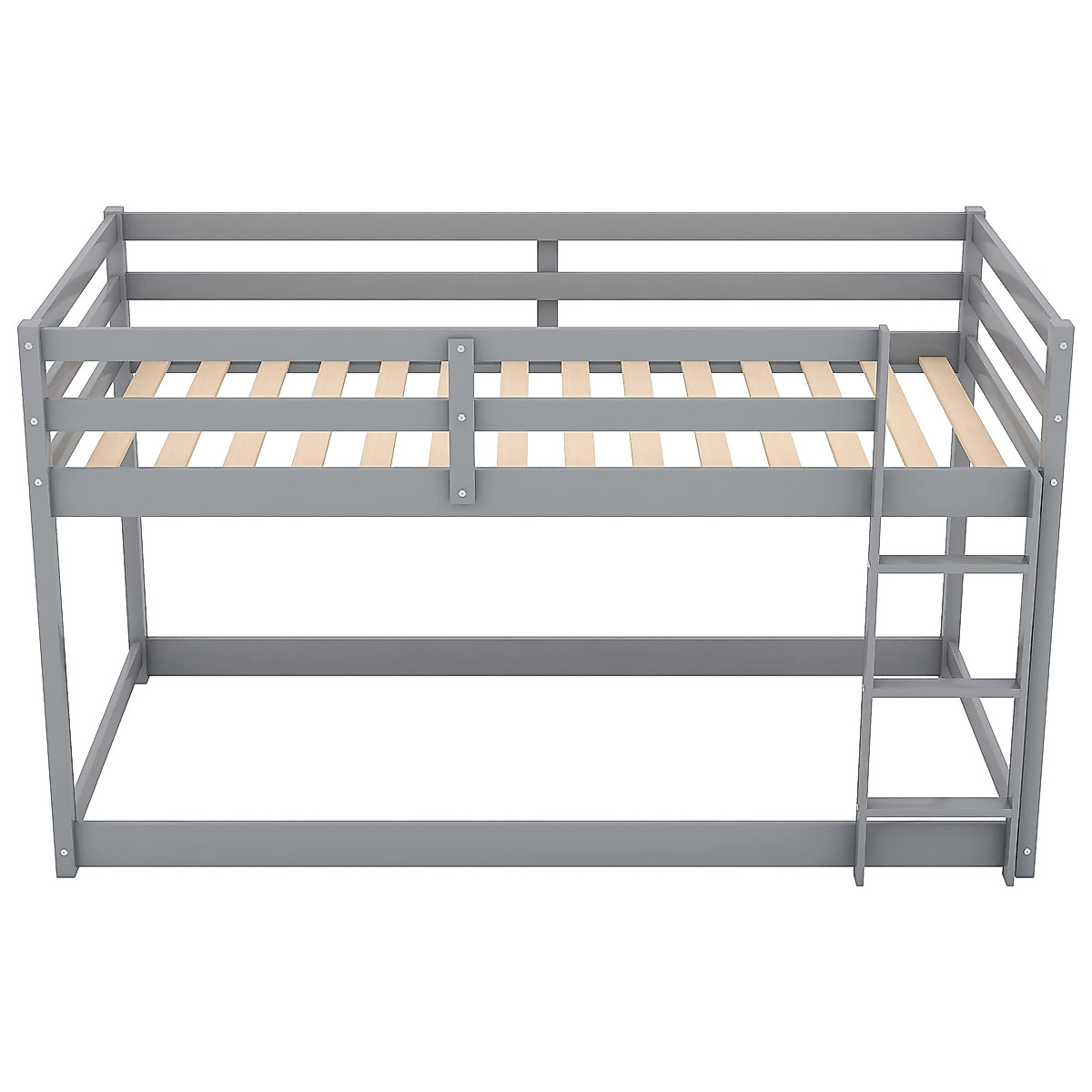 MWrouqfur Twin Over Twin Bunk Bed with Ladder & Safety Guardrails,Solid Pinewood Bedframe,Low Floor BunkBed for Boys and Girls Bedroom,Space Saving,No Box Spring Needed (Gray)